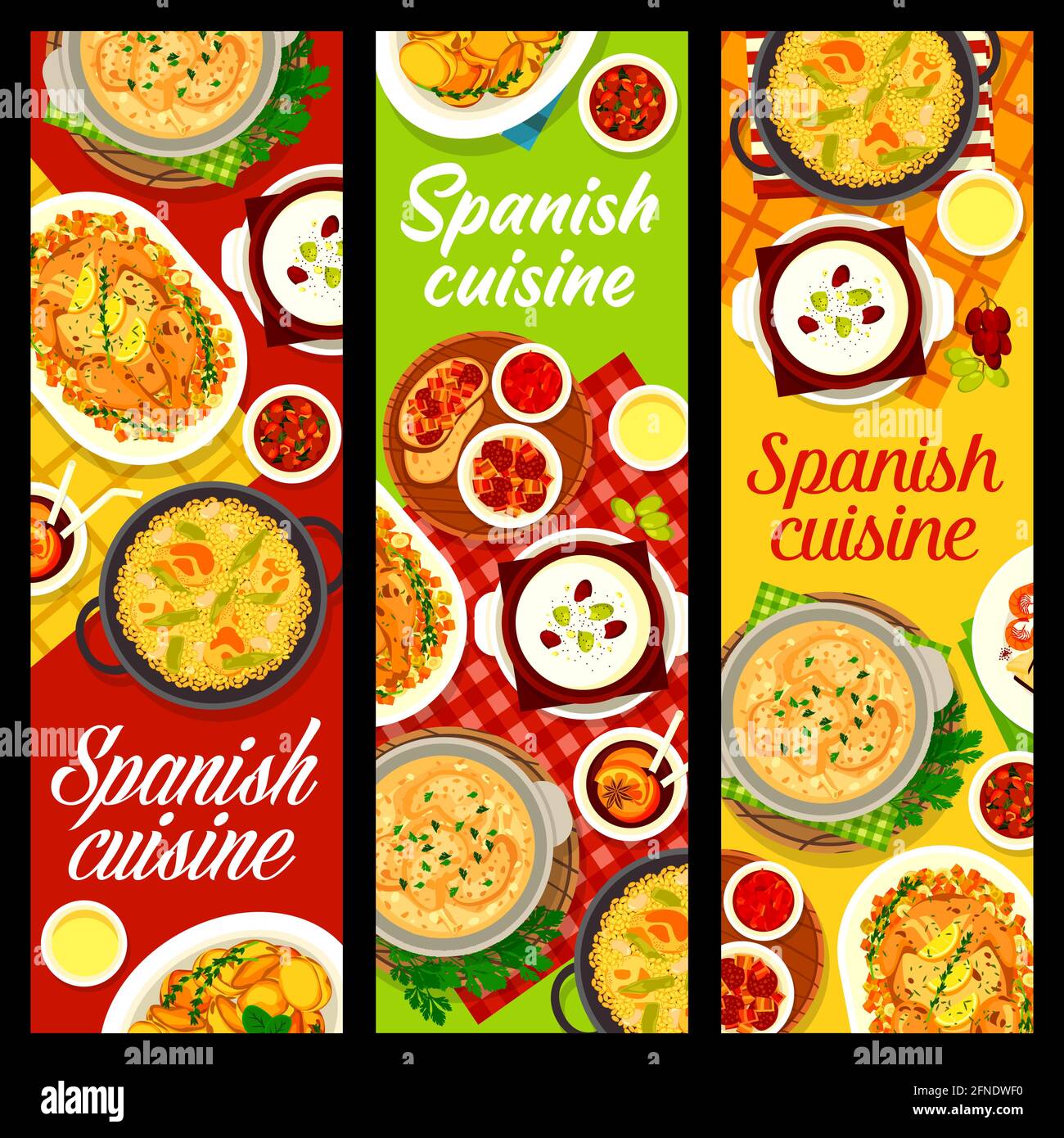 Spanish cuisine vector banners almond soup ajo blanco, garlic lemon ...