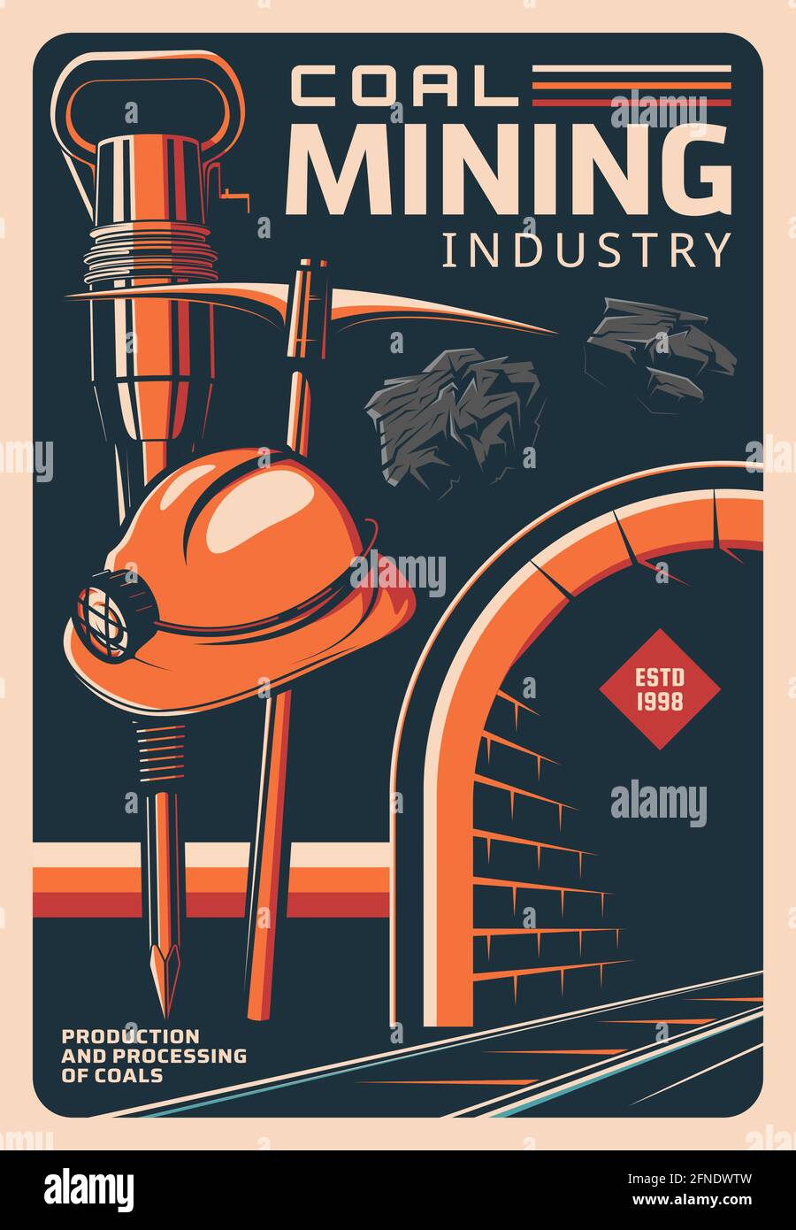 Coal mining industry retro poster, ore and metal deposit mine, vector ...