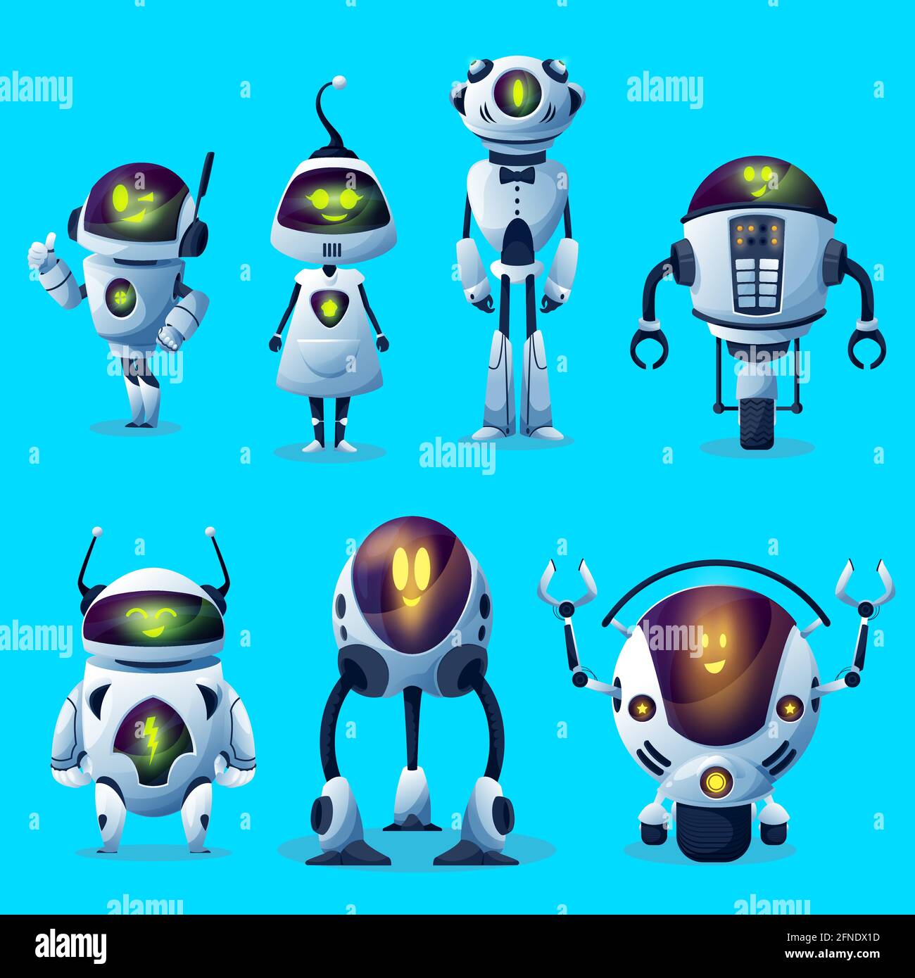 Robots, cartoon toy android bot characters, vector AI cyborg monsters on wheels. Robot cyborg ...