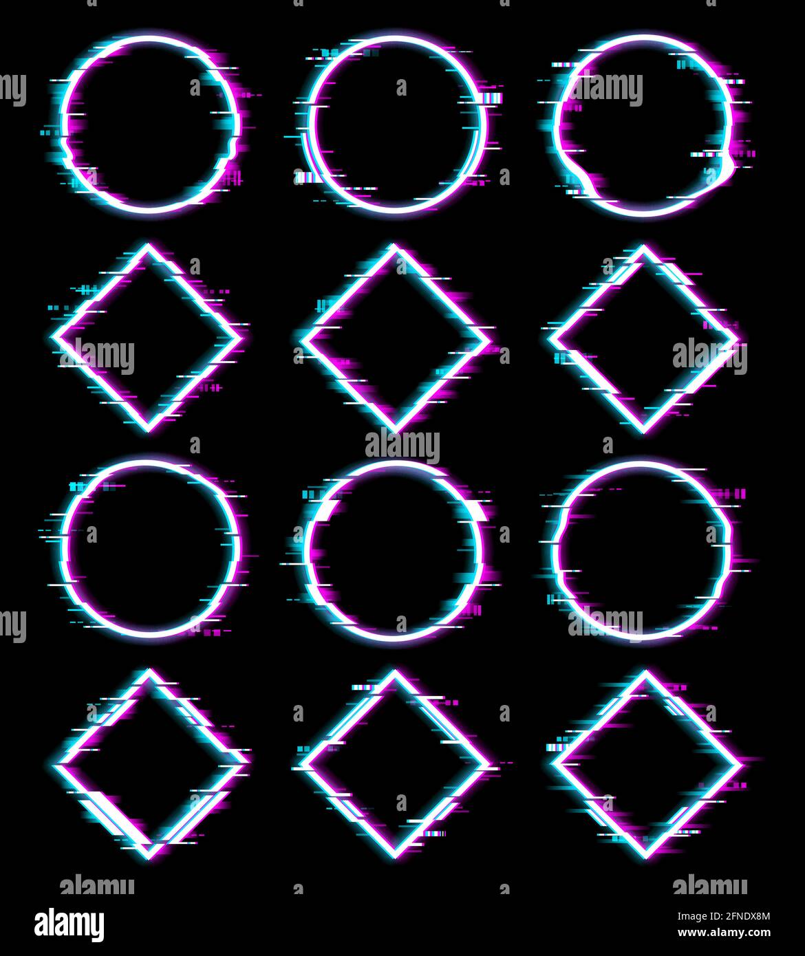Screen glitch effect on geometric figures. Distorted circle, square or ...