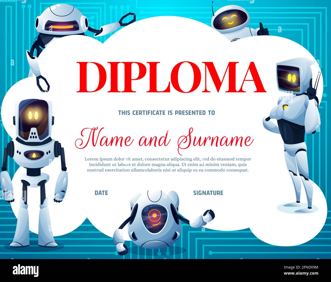 Kids diploma, cartoon robots and motherboard. Education certificate ...