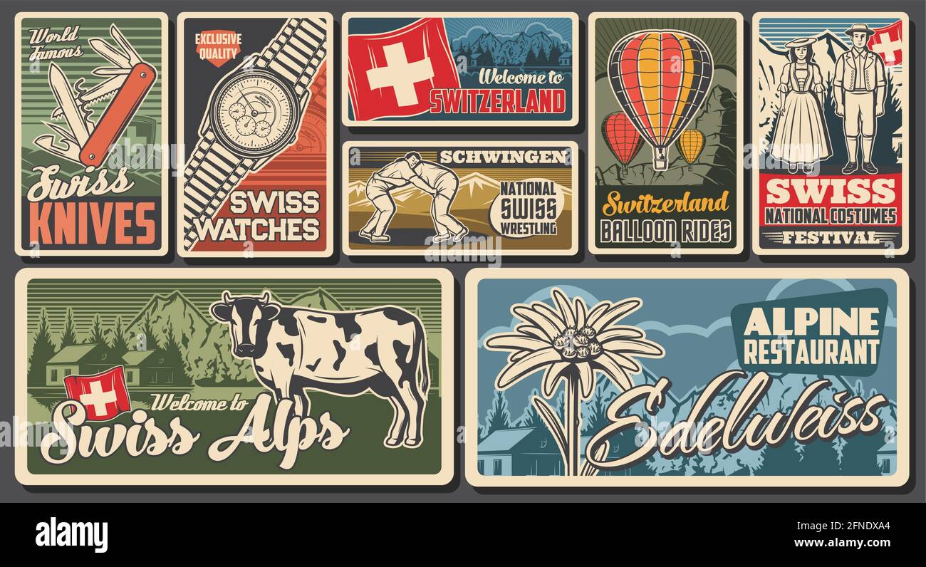 Switzerland travel and Swiss landmarks posters, retro vector ...