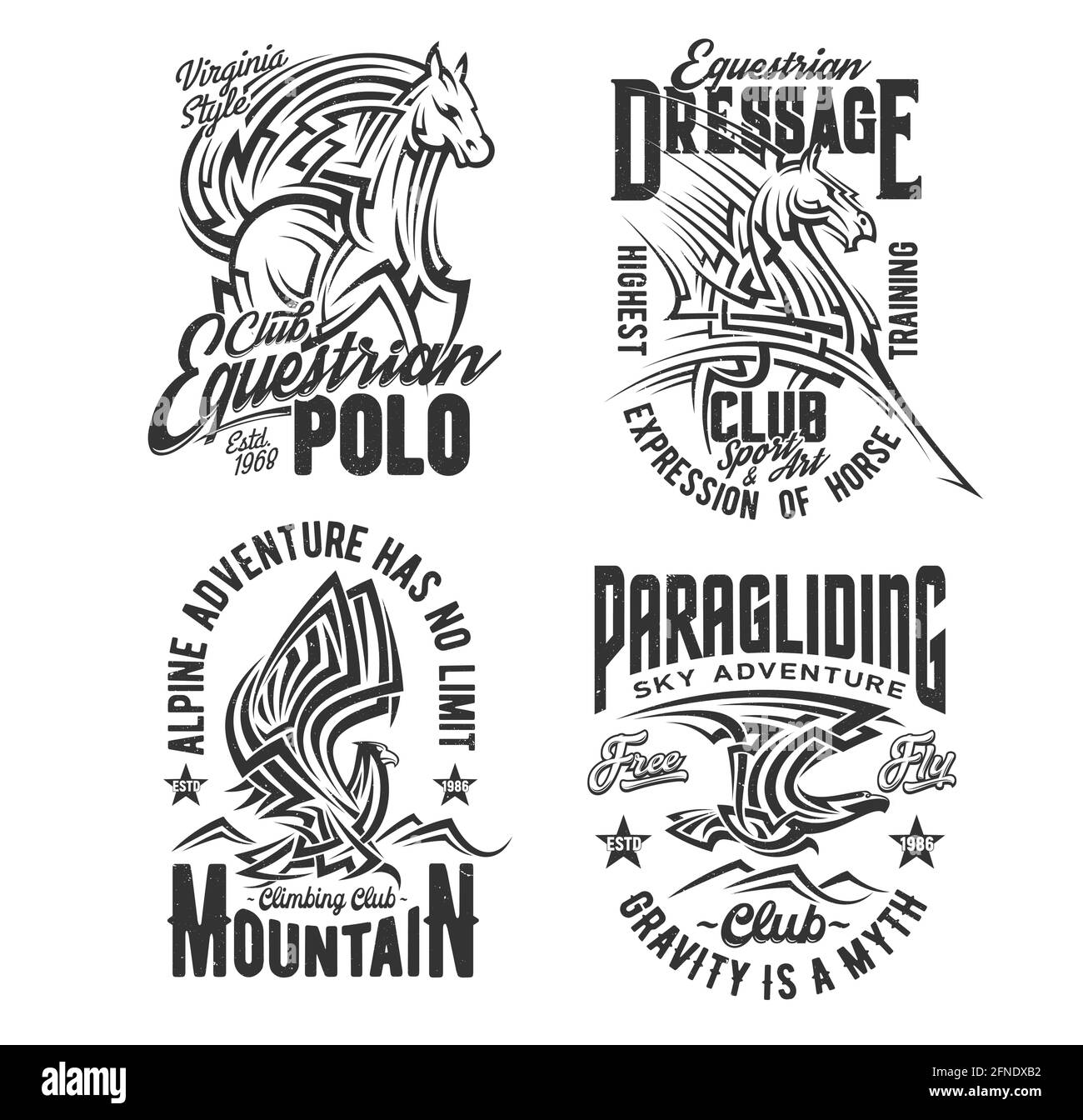 Tshirt prints with horse and eagle, vector mascots for equestrian ...