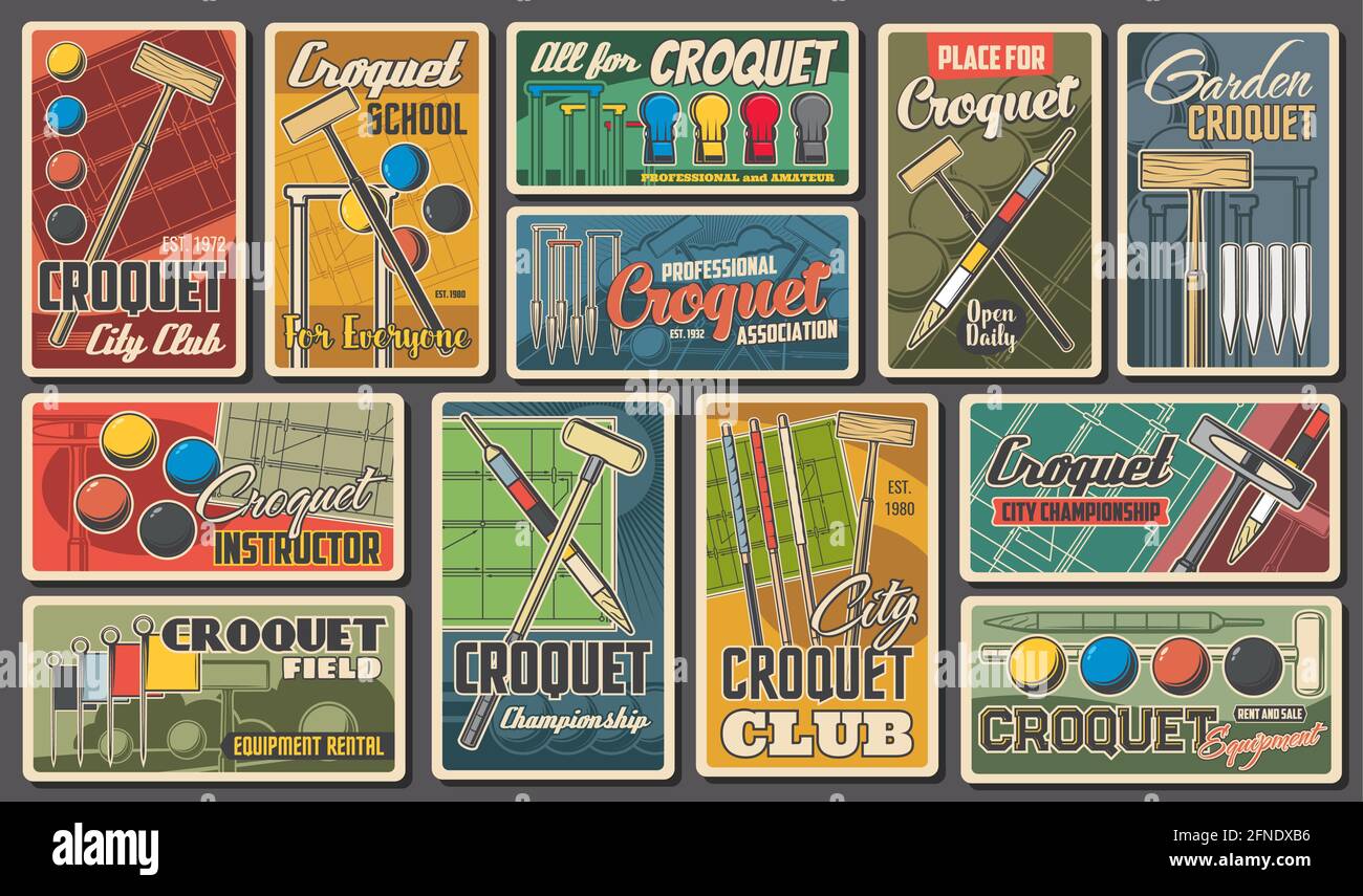 Croquet sport championship and club retro posters, vector. Croquet game ...