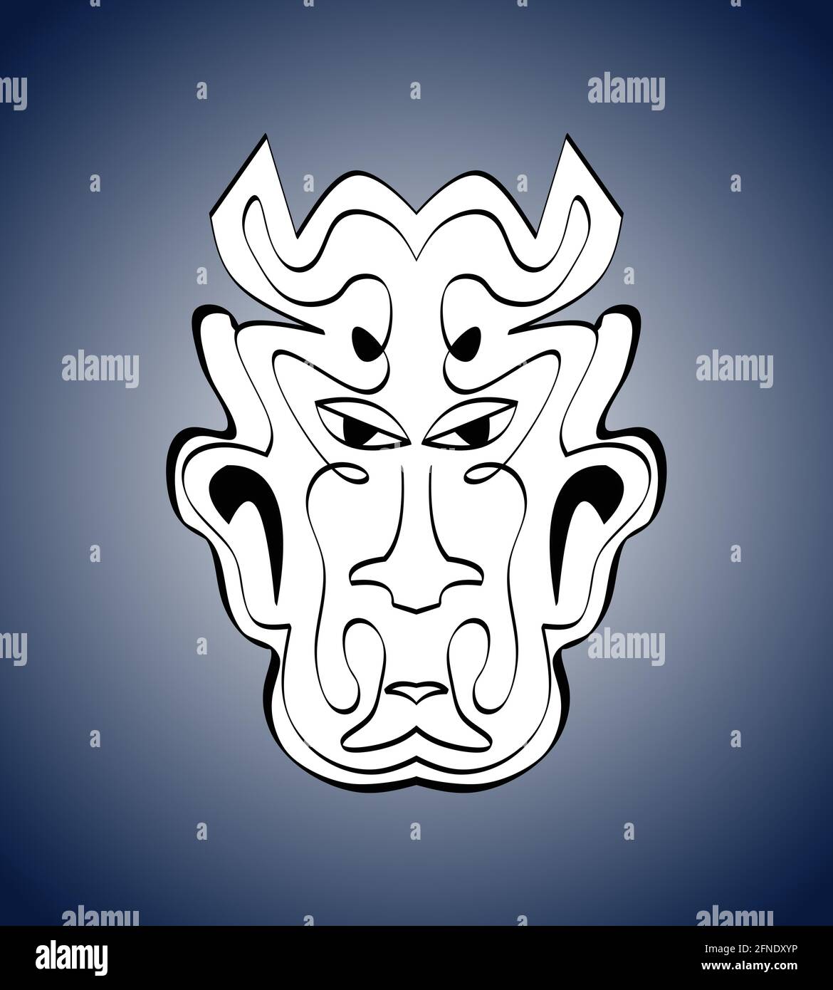 Devil face, carnival mask. Monochromatic calligraphic symmetric drawing ...