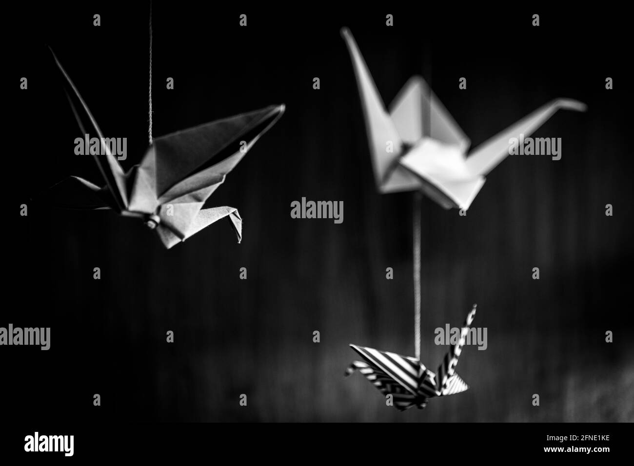 Deep bokeh of three origami swans hanging from the roof with a wooden ...