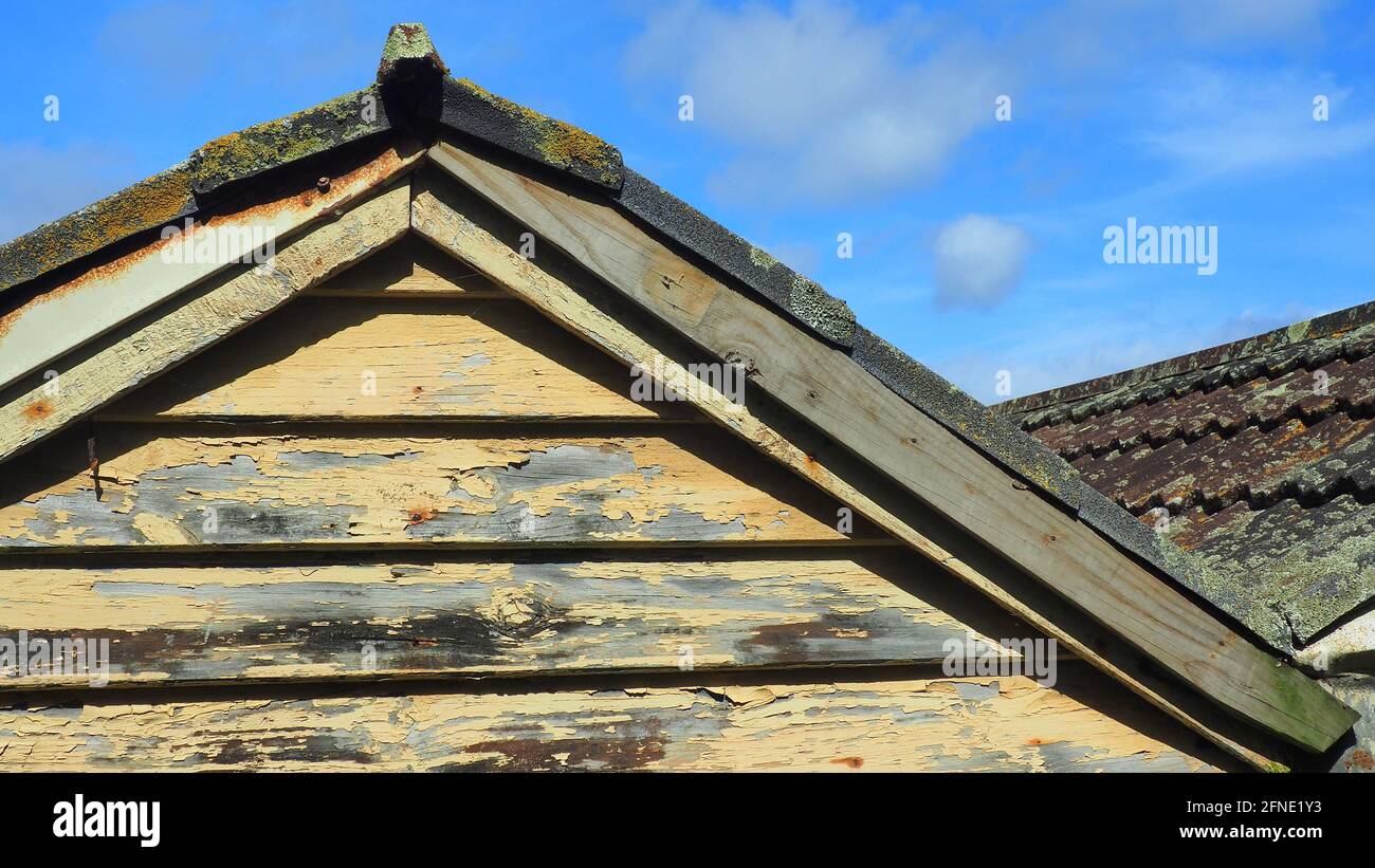 Worn shingles and tiles on boat sheds at Titahi Bay, New Zealand Stock ...