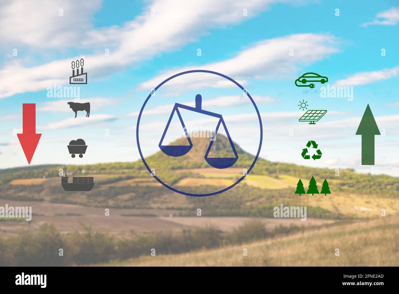 Ecology. Global Warming. CO2 carbon dioxide reduction measures. Scales ...