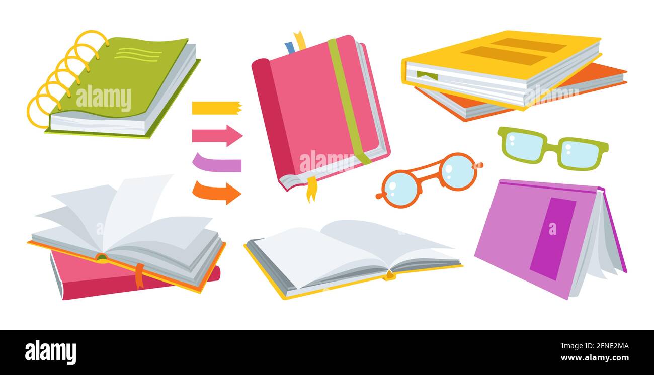 Open paper book hand drawn cartoon set. Notepad, book, sketchbook and ...