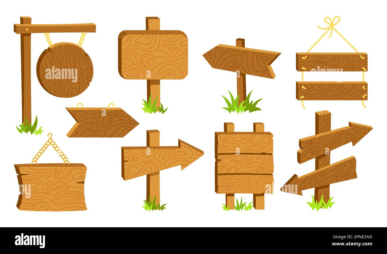 Wooden signs empty billboard flat cartoon set. Rural arrow pointer ...