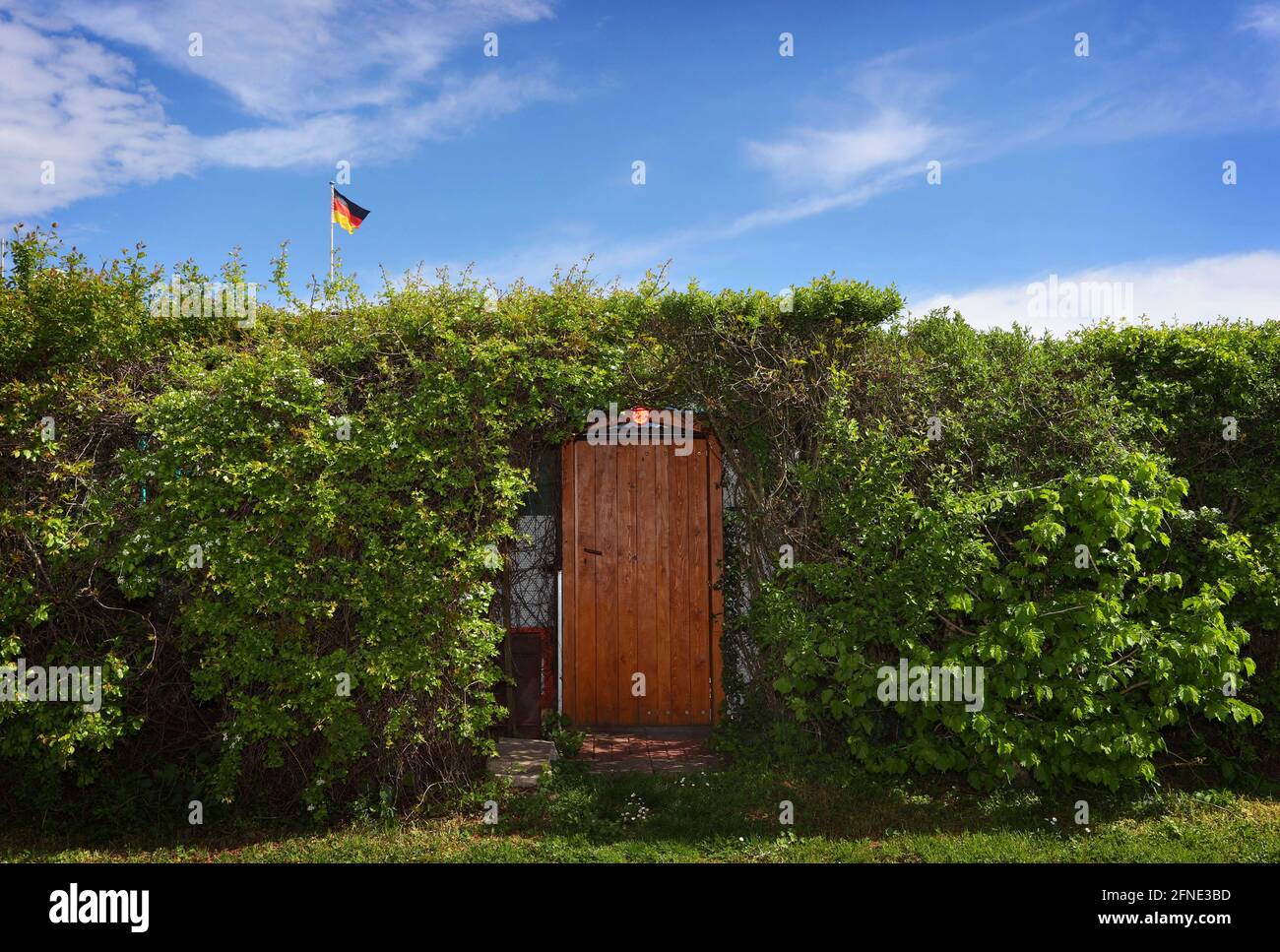 10 May 2021, Bavaria, Würzburg: A German flag rises behind a hedge in ...