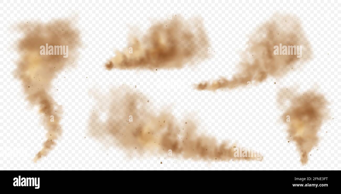 Realistic dust clouds. Road sand storm. Polluted dirty brown air with ...