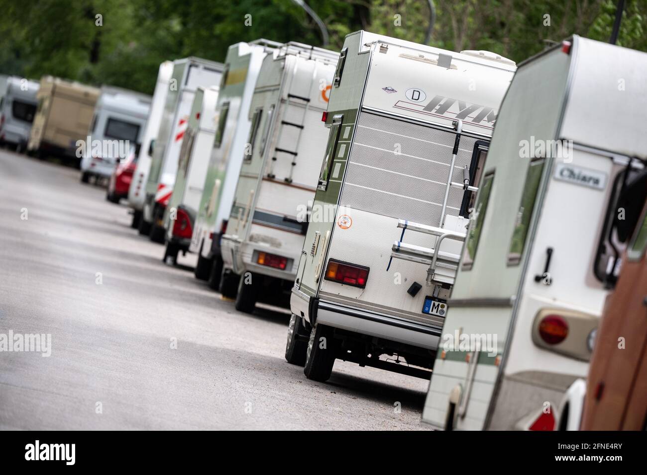 Munich, Germany. 11th May, 2021. Parked trailers and caravans stand in ...