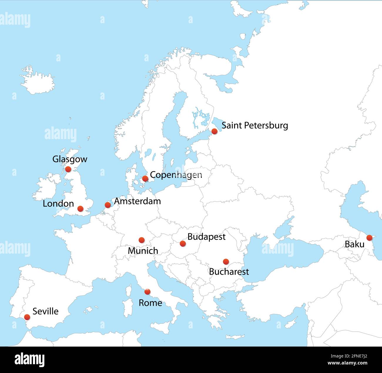 Map of Europe with European tournament host cities. Vector illustration ...