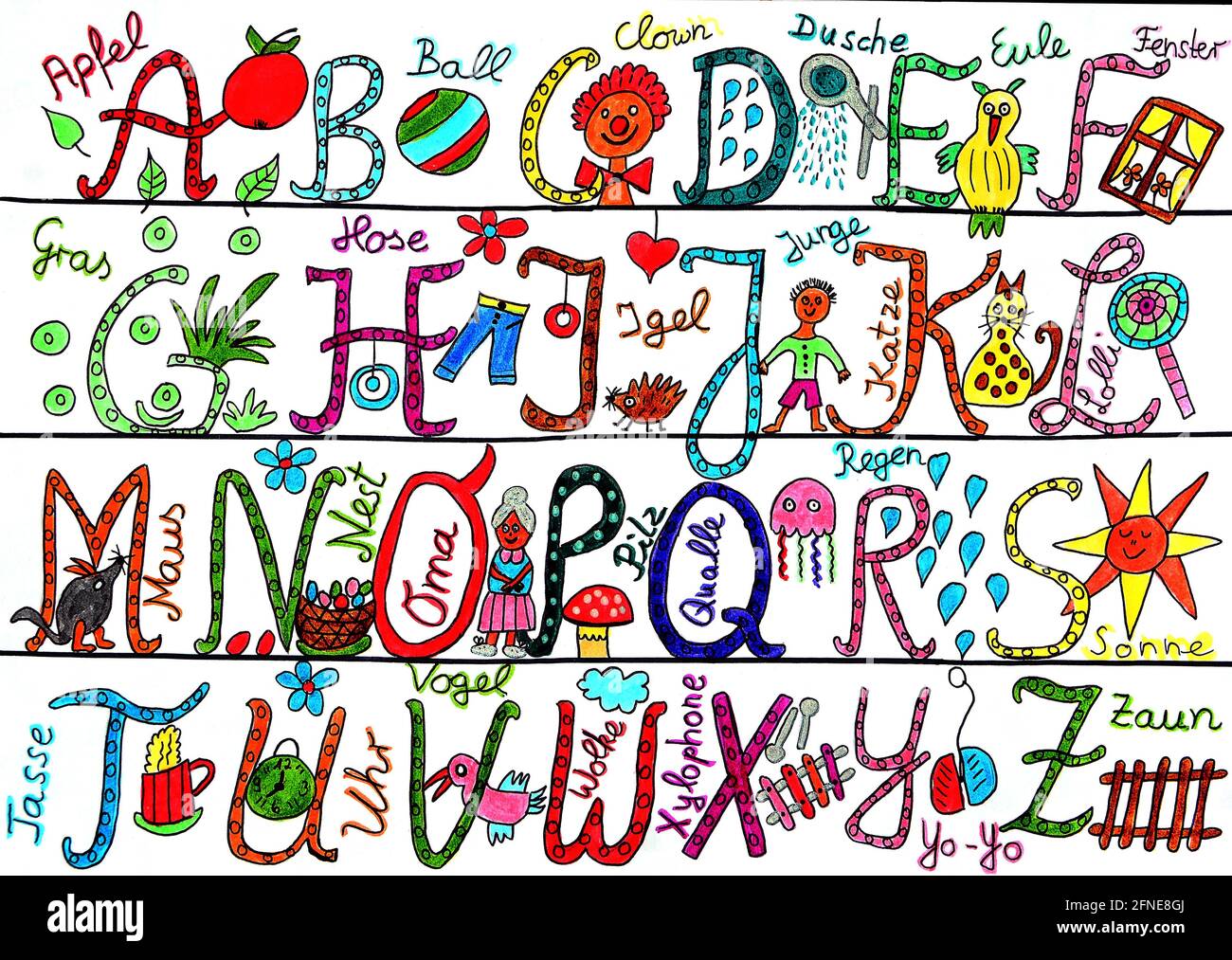 Alphabet, letters from A to Z, naive illustration Stock Photo - Alamy