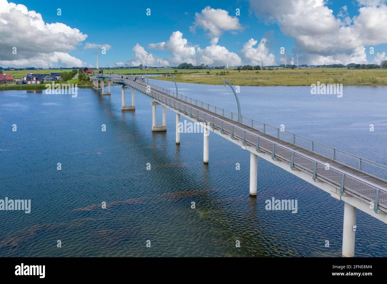 Aerial view with footbridge over the lake Wangermeer, Hohenkirchen ...