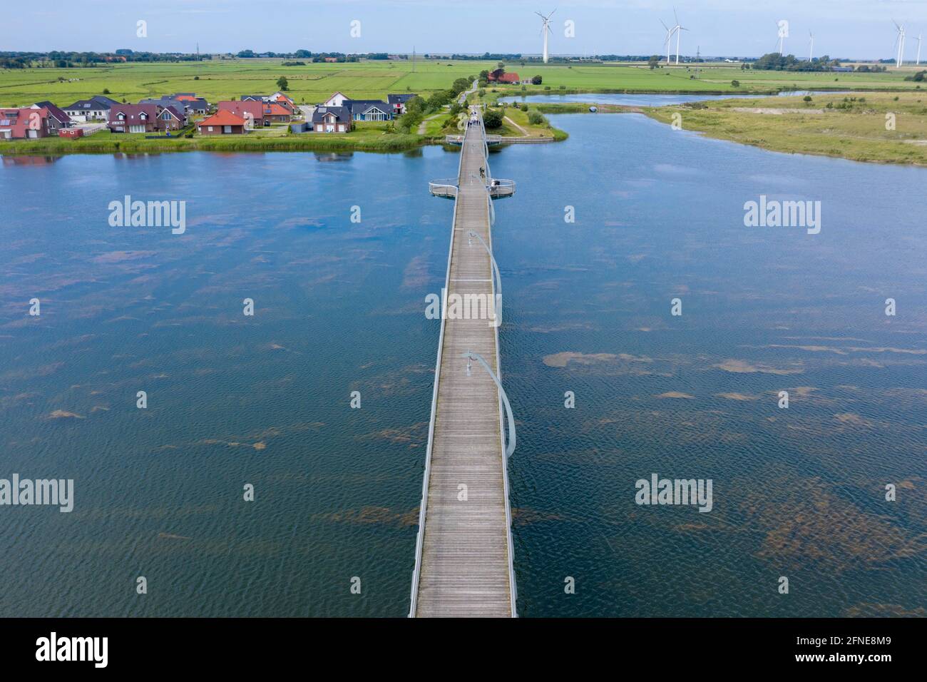 Aerial view with footbridge over the lake Wangermeer, Hohenkirchen ...