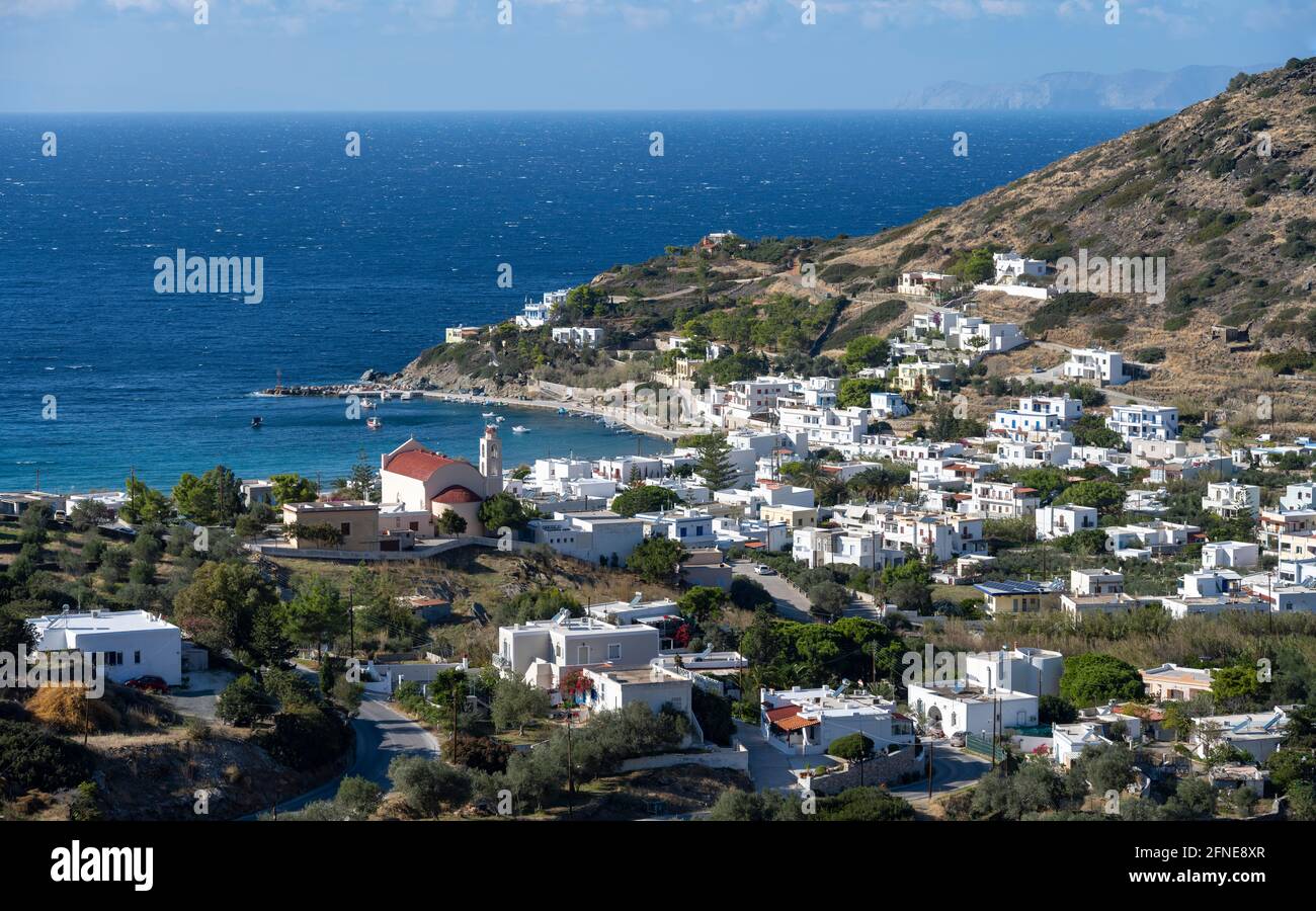 View of the village and the bay of Kini with the church Ekklisia ...