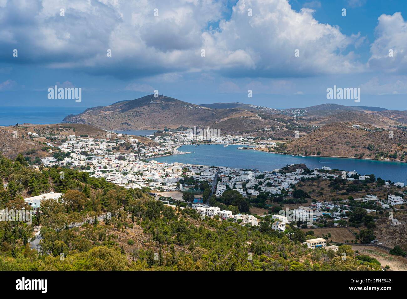 Overlook over Patmos an the town of Skala, Patmos, Greece Stock Photo ...
