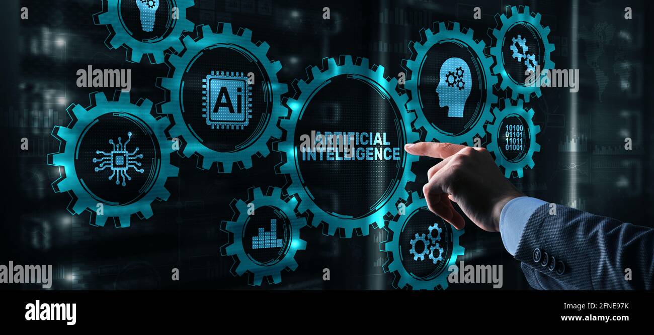 Artificial intelligence. Man clicks on 3d virtual screen Ai. Technology ...