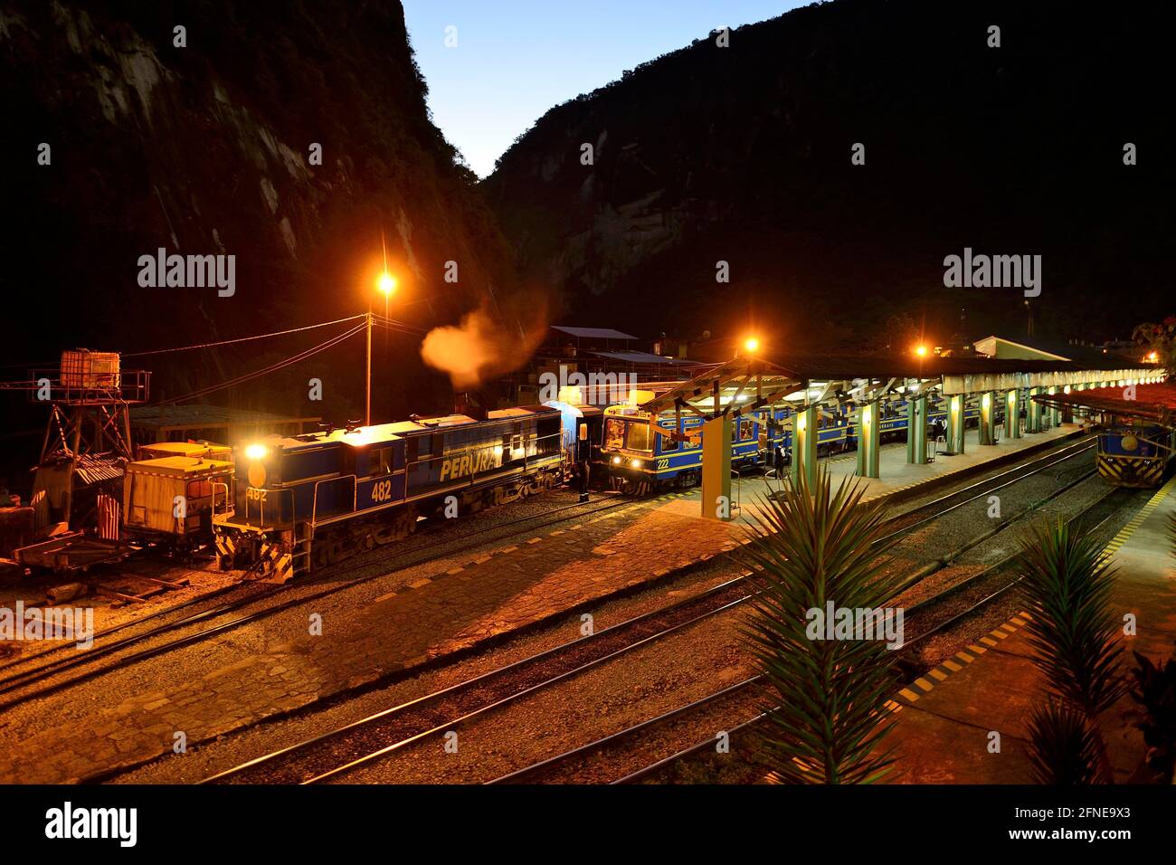 Aguas Calientes train station at dusk, Machu Picchu, Urubamba province ...