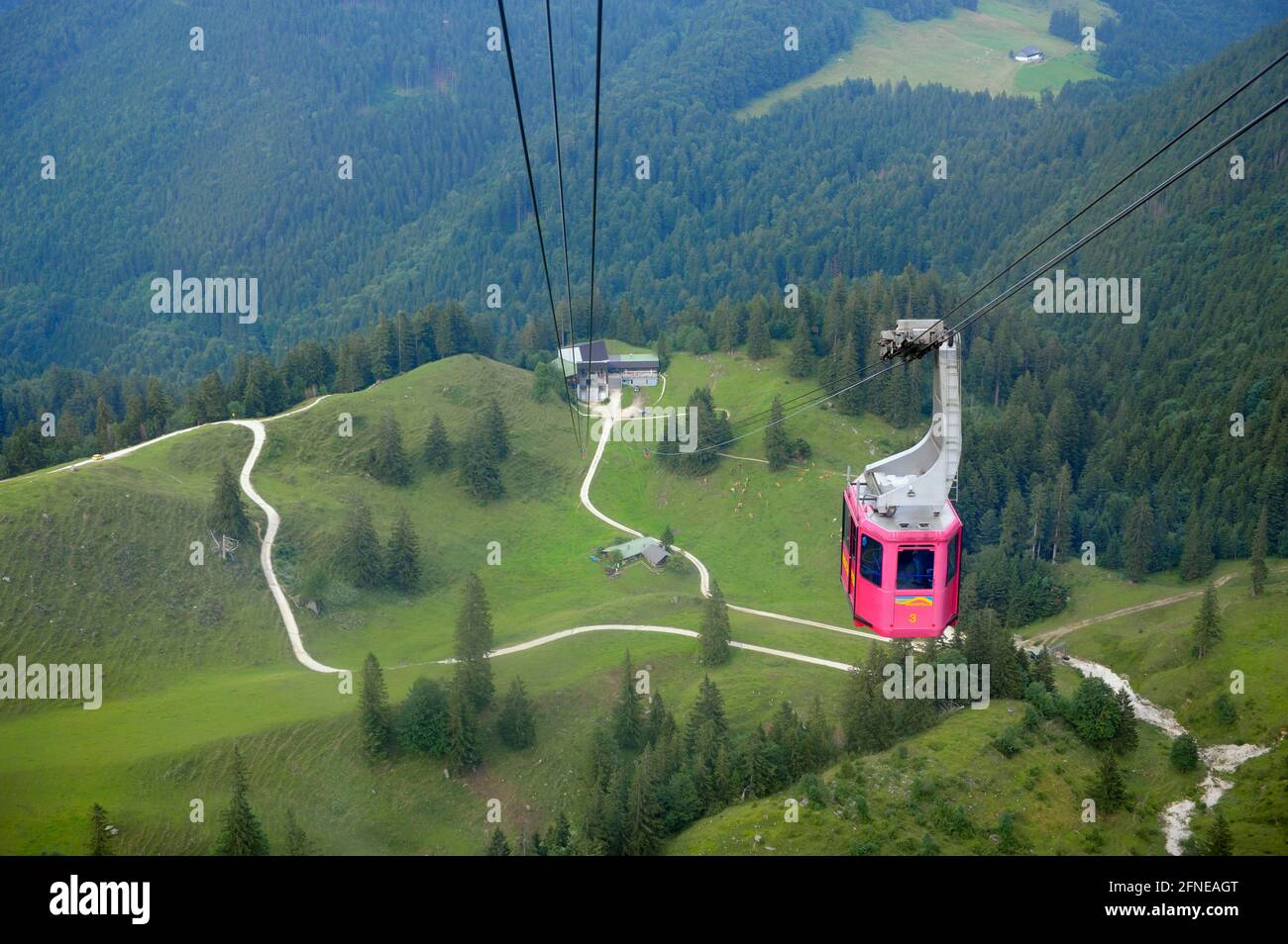 View from gondola of Hochfellnbahn, July, Chiemgau, Bergen, Bavaria ...