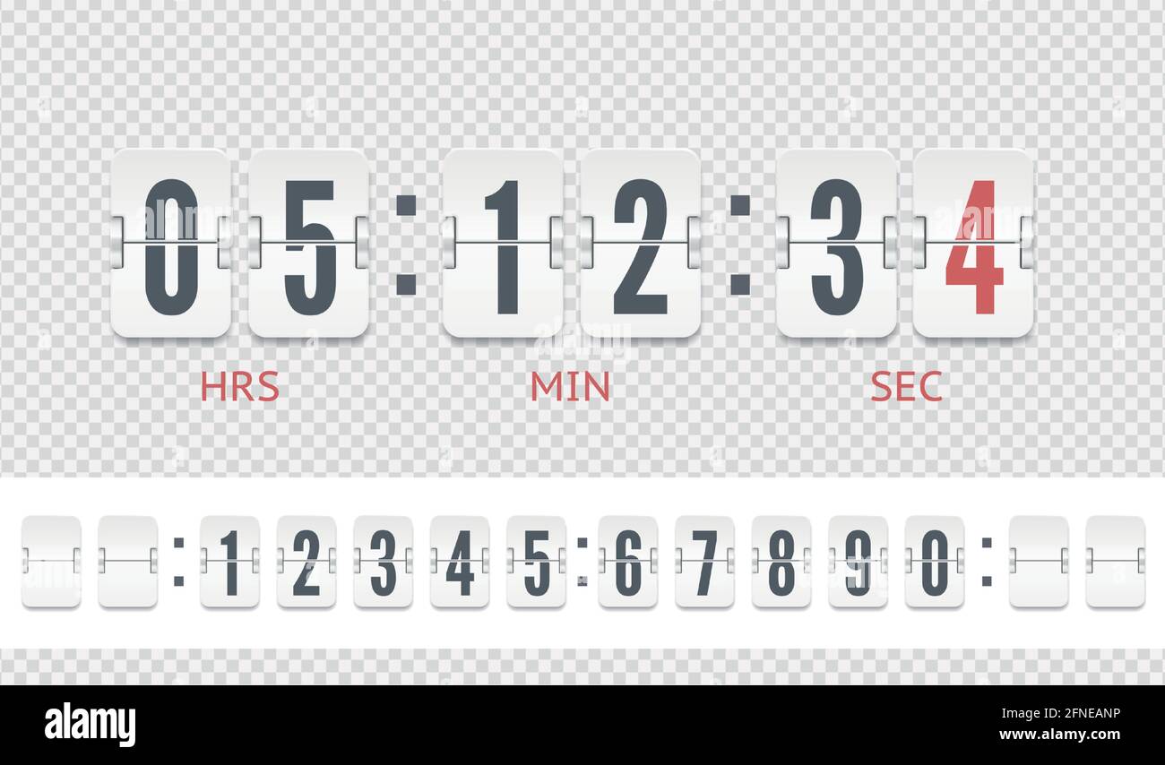 White scoreboard countdown number font with shadows isolated on transparent background. Retro ...