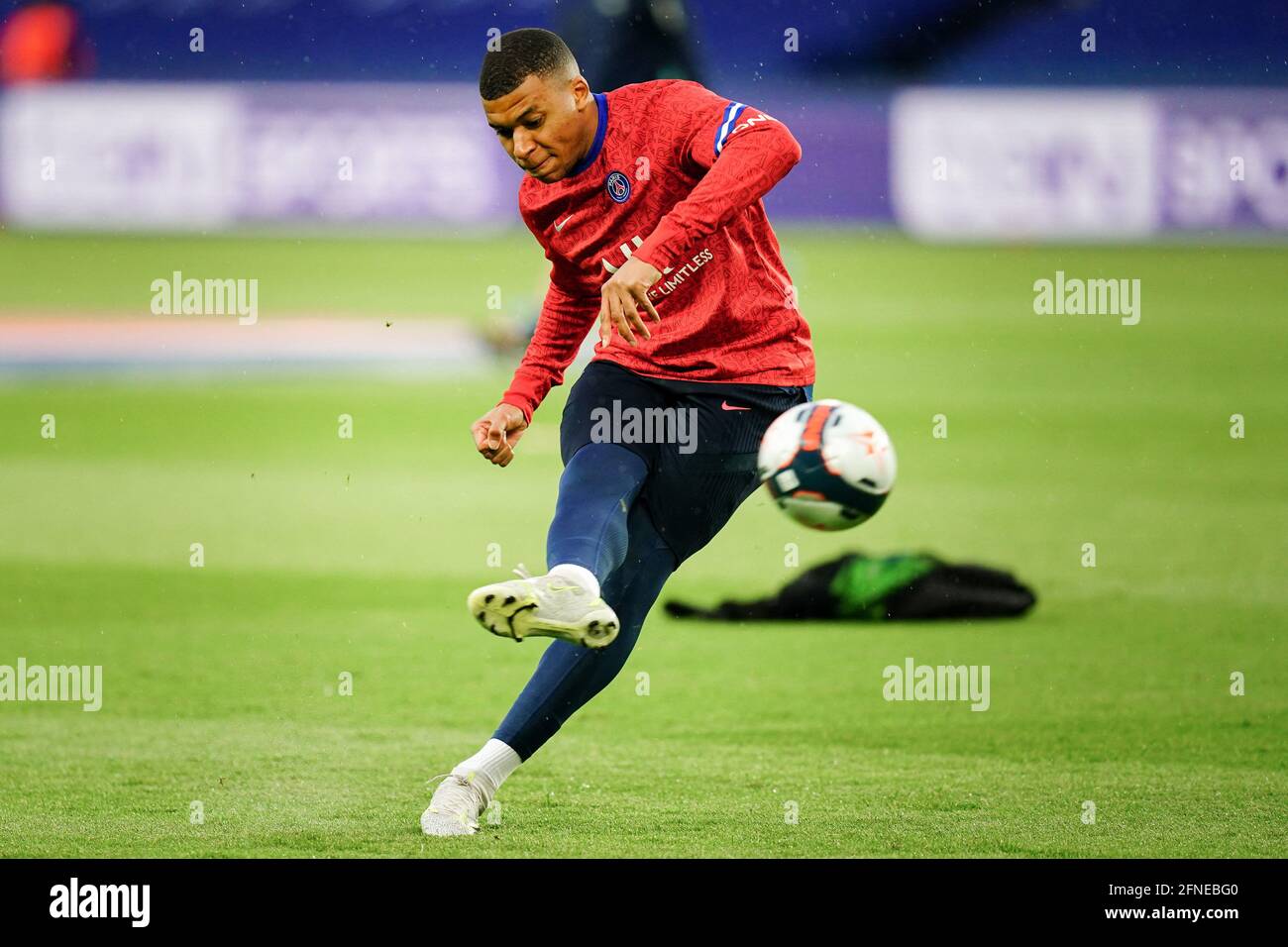 PSG’s Kylian Mbappe during the warmup of the French Ligue 1 football ...