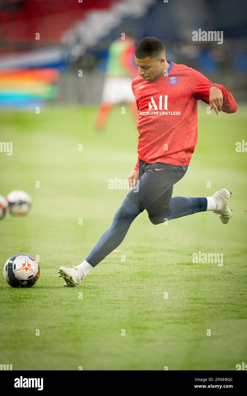 PSG’s Kylian Mbappe during the warmup of the French Ligue 1 football ...