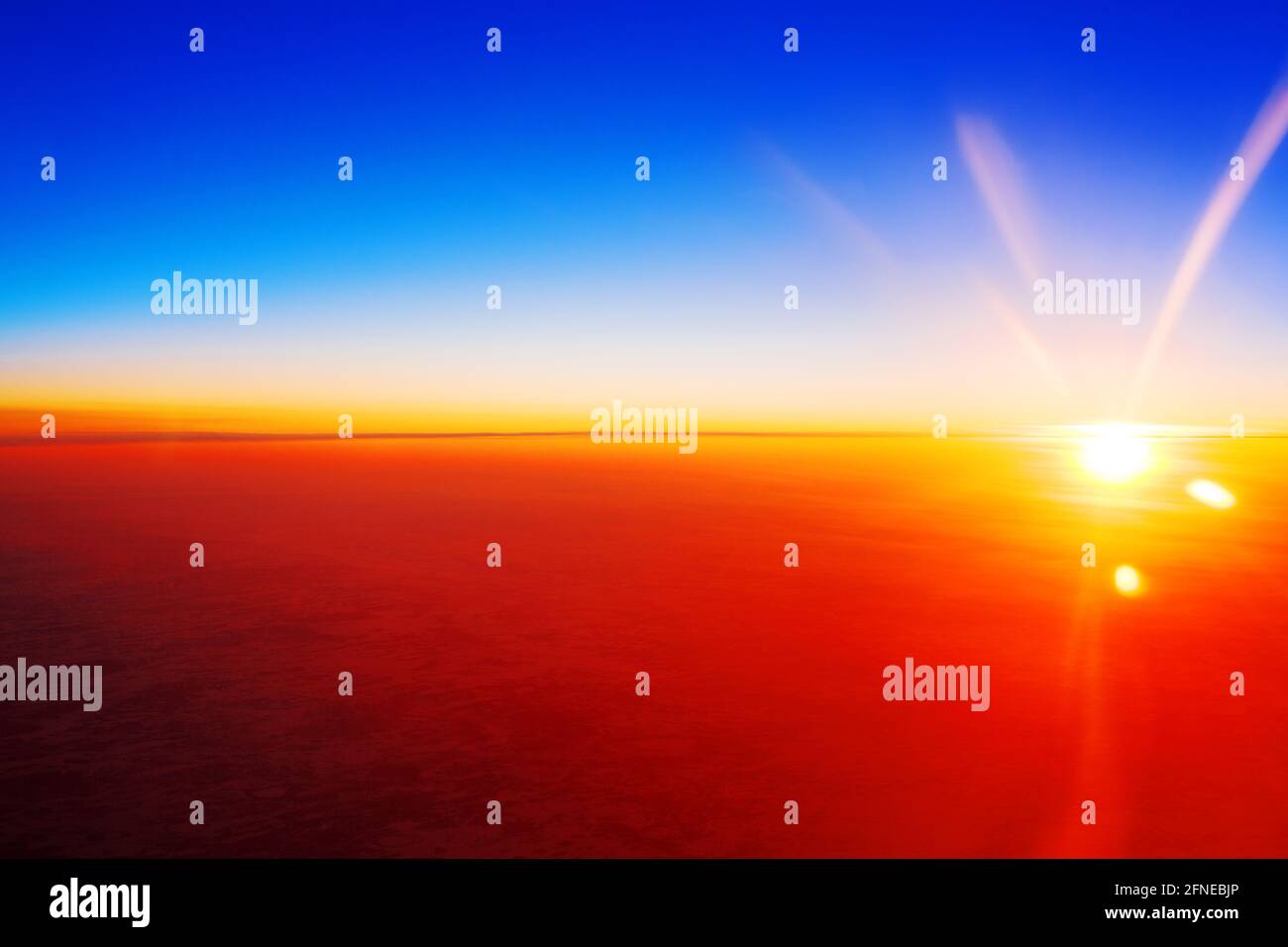 Sunset landscape, colorful sunrise over planet Earth, blue sky, bright ...