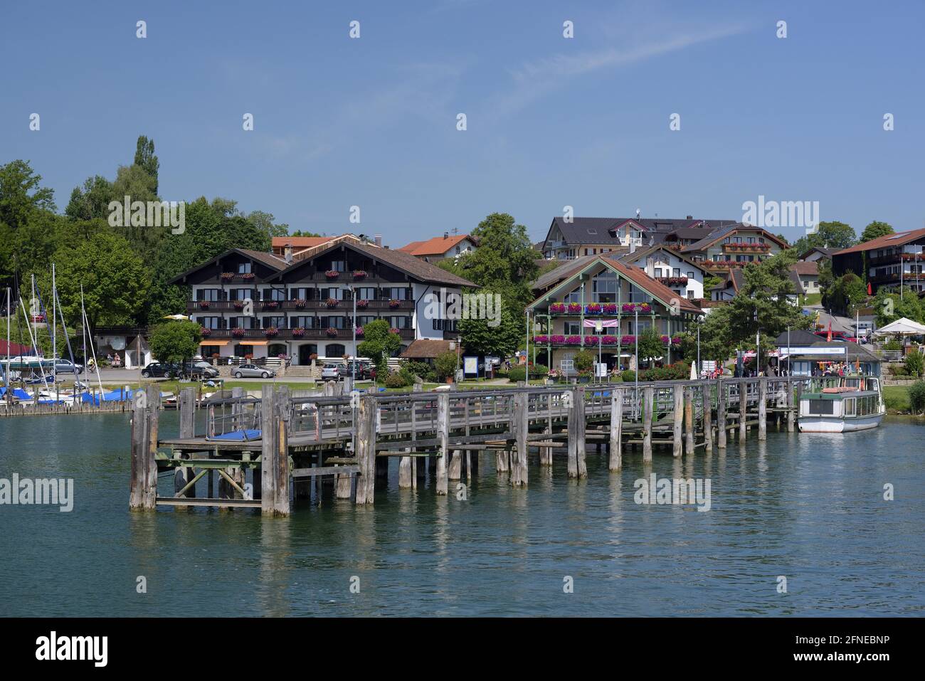 View of Gstadt from the boat, July, Chiemsee, Chiemgau, Bavaria ...