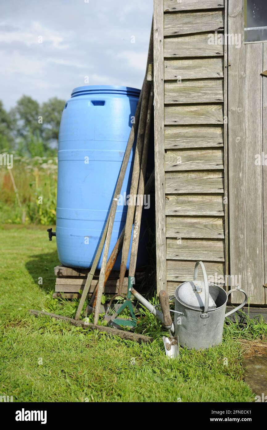 Metal watering can, tools and plastic water butt outside wooden garden ...
