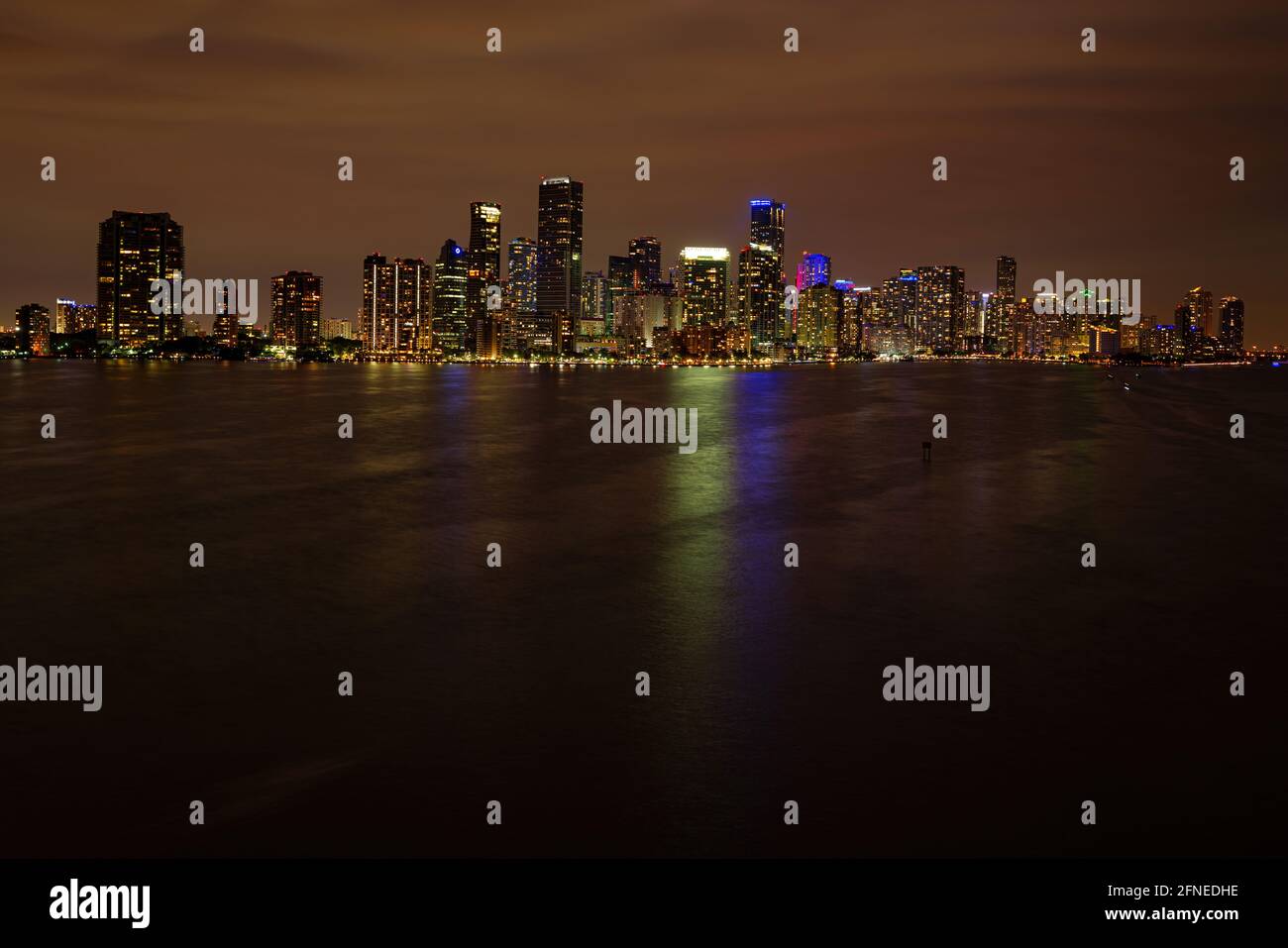Miami city night. Panoramic view of Miami at sunset, night downtown ...