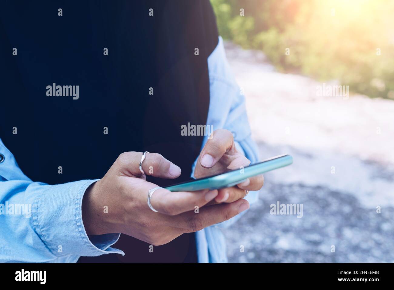 Woman hand using smartphone to do work business, social network ...
