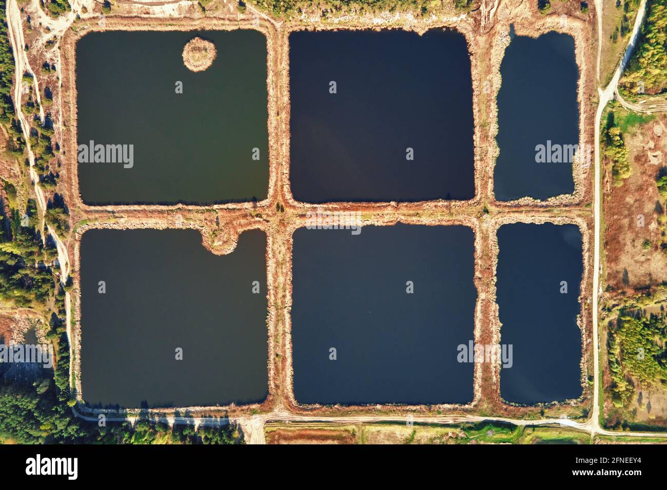 Aerial view of ponds for collect stormwater. Rainwater retention basins ...
