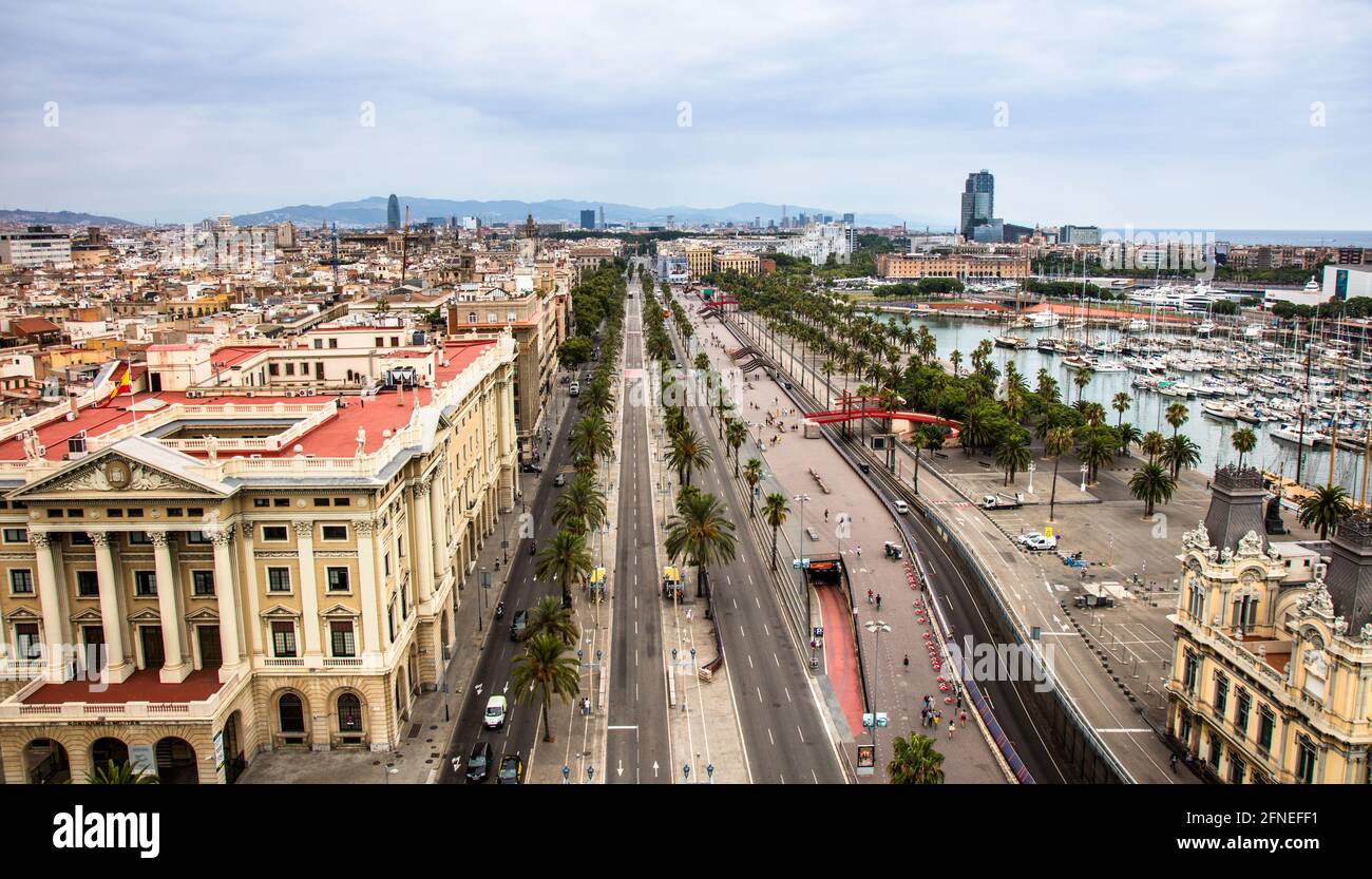 Aerial view of Paseo de Colon and the Barcelona skyline near the ...
