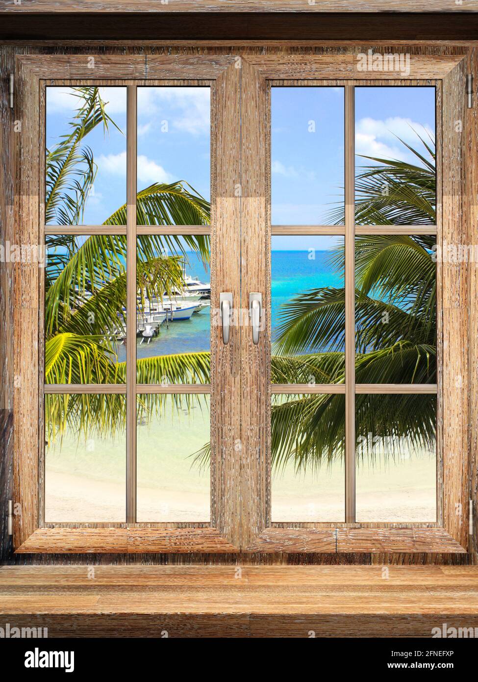 View of ocean through window. Sea view room. Travel, resort, vacation ...