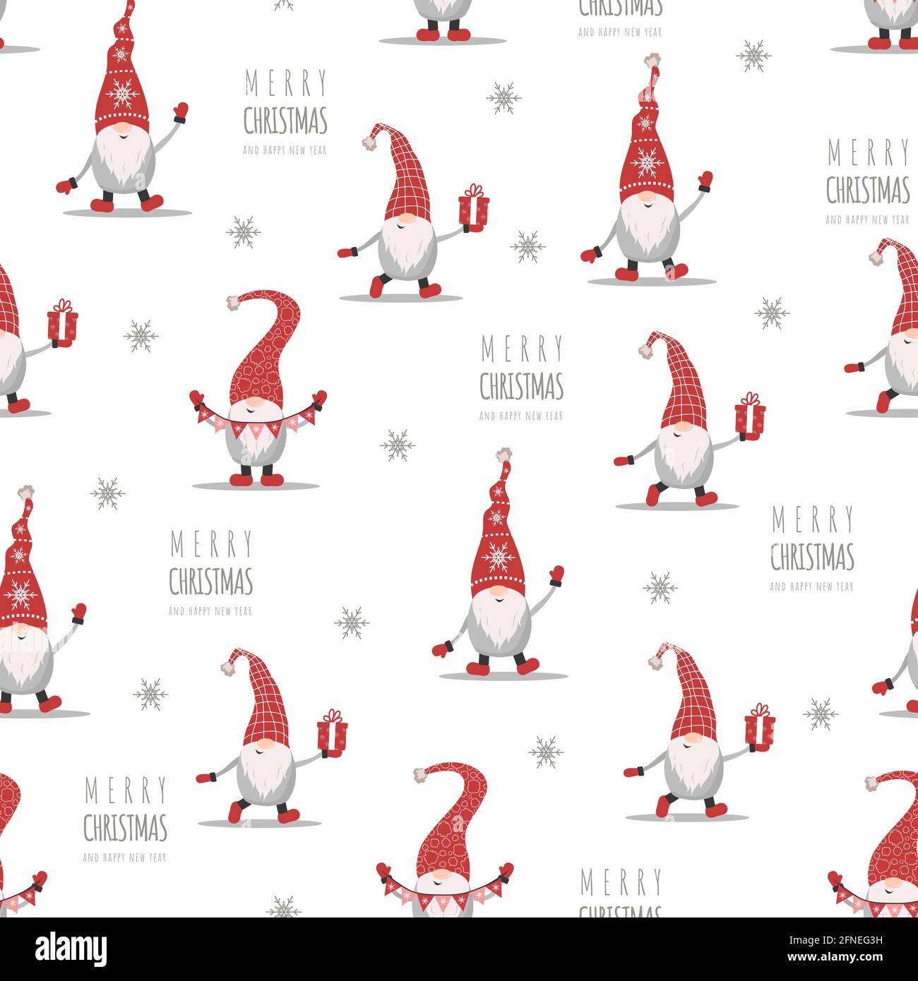 Christmas pattern with gnomes in red hats. Cute scandinavian elves ...