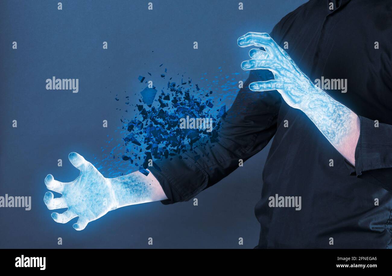 Frozen hands with cold stone shattering - Concept of power Stock Photo ...