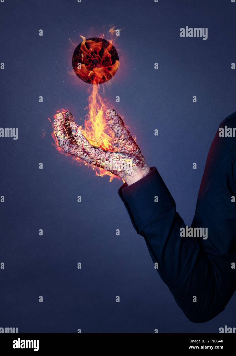 Hand magically burning, with floating burning ball - Concept of power ...