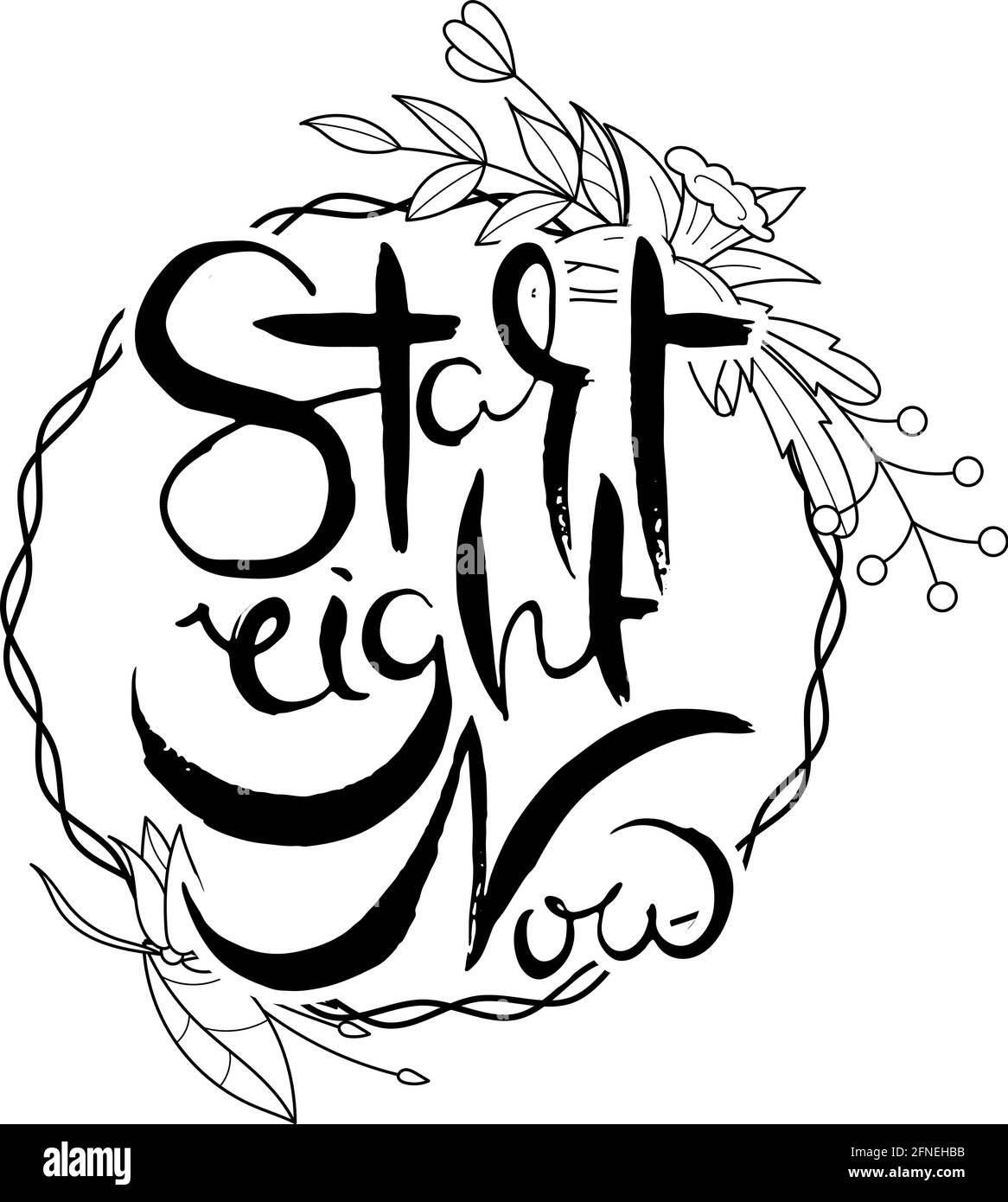 Start Right Now. Hand lettering grunge card with flower background ...