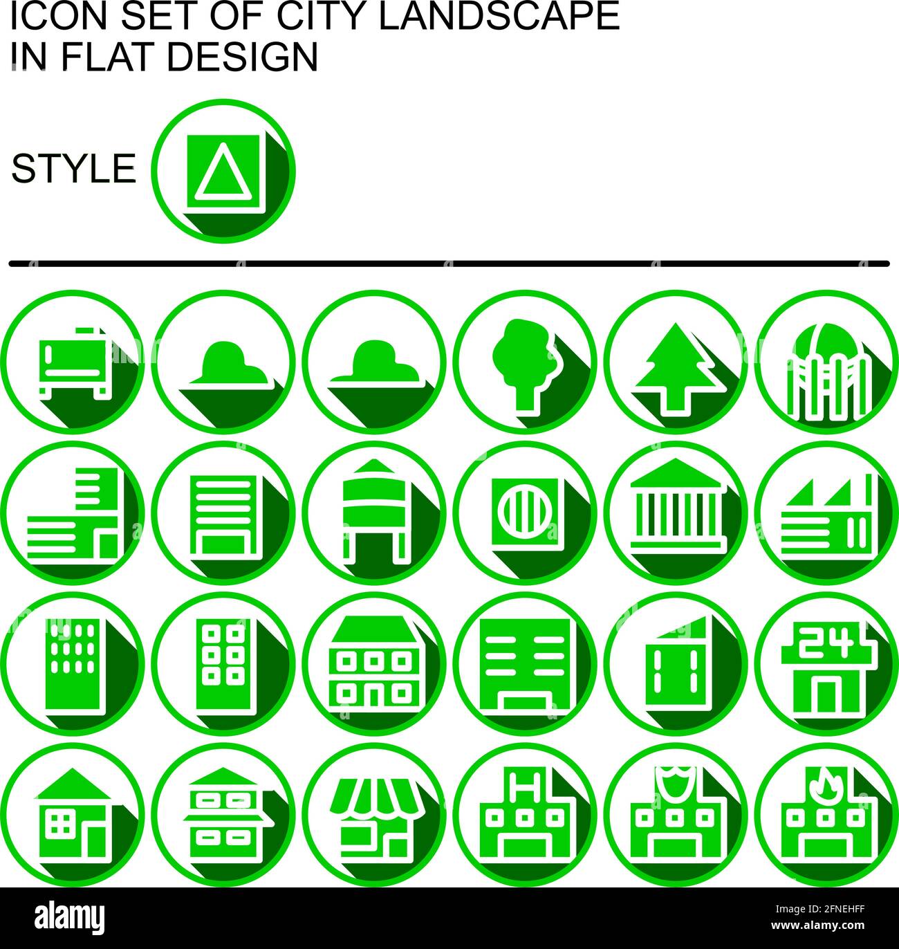 City landscape icon set in flat design with white lines, green fills ...
