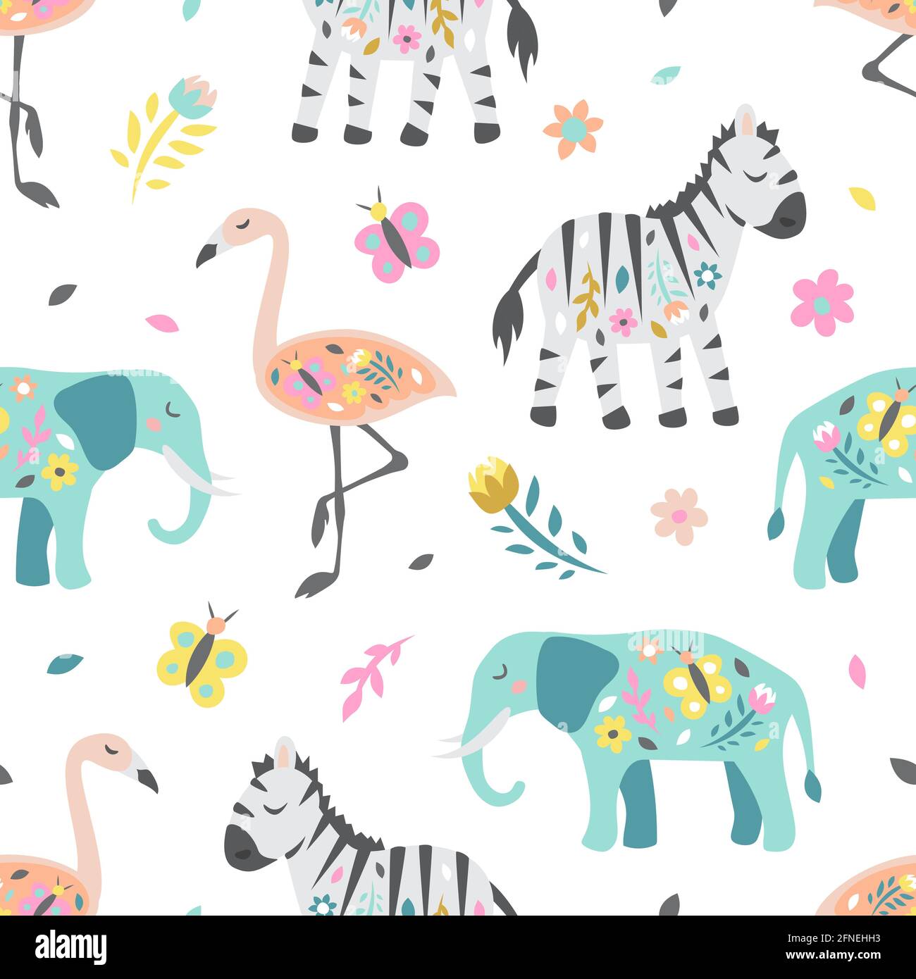 Safari childish seamless pattern. Cute zebra elephant and flamingo ...