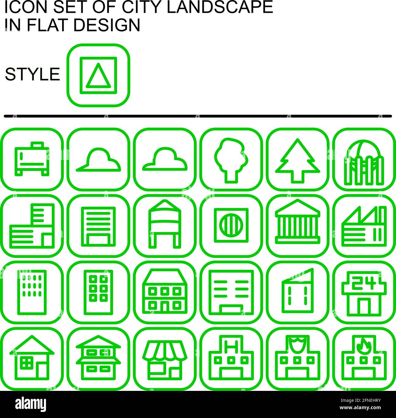 City landscape icon set in flat design with green lines, white fills on ...