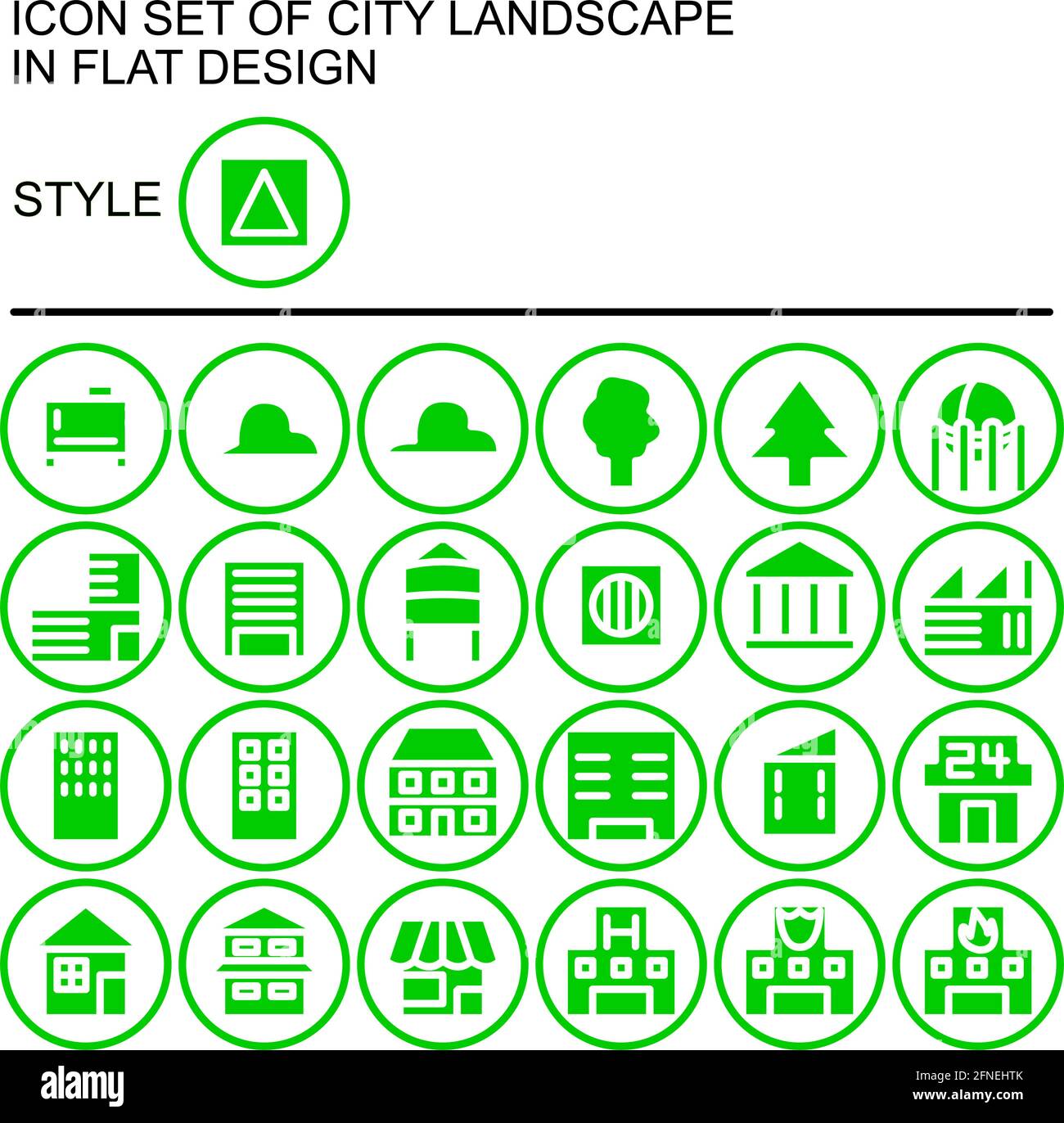 City landscape icon set in flat design with white lines, green fills on ...