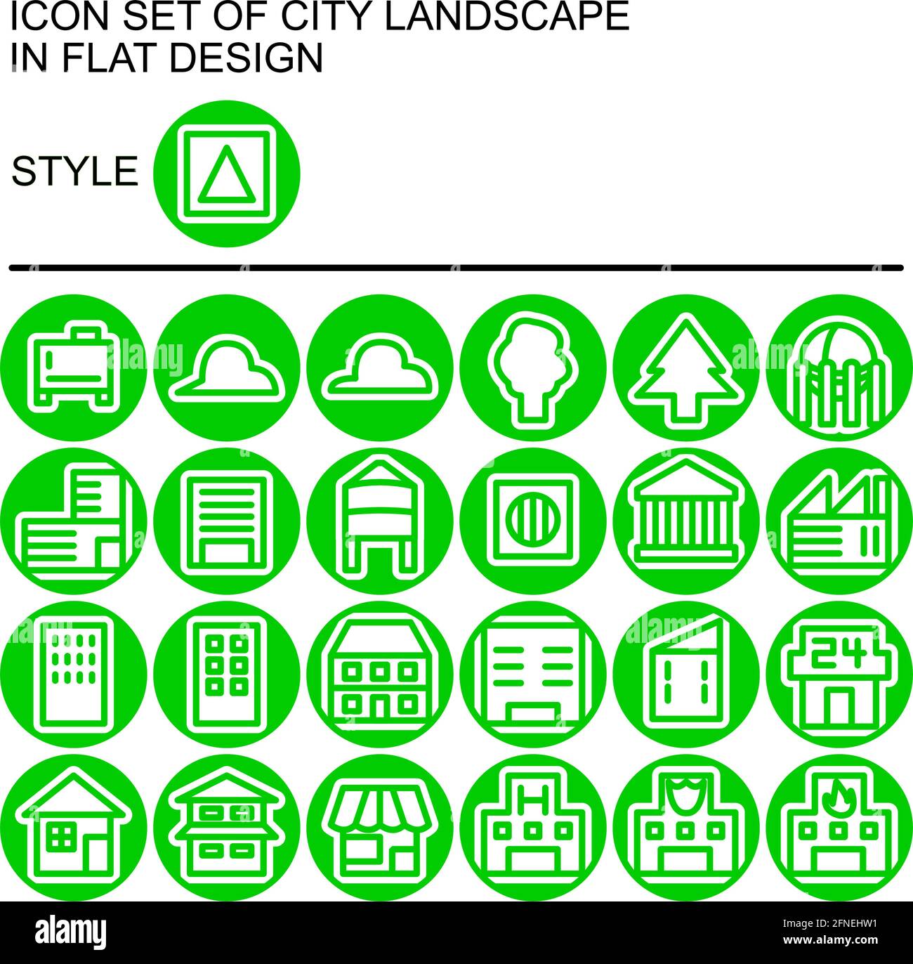 City landscape icon set in flat design with green lines, white fills ...