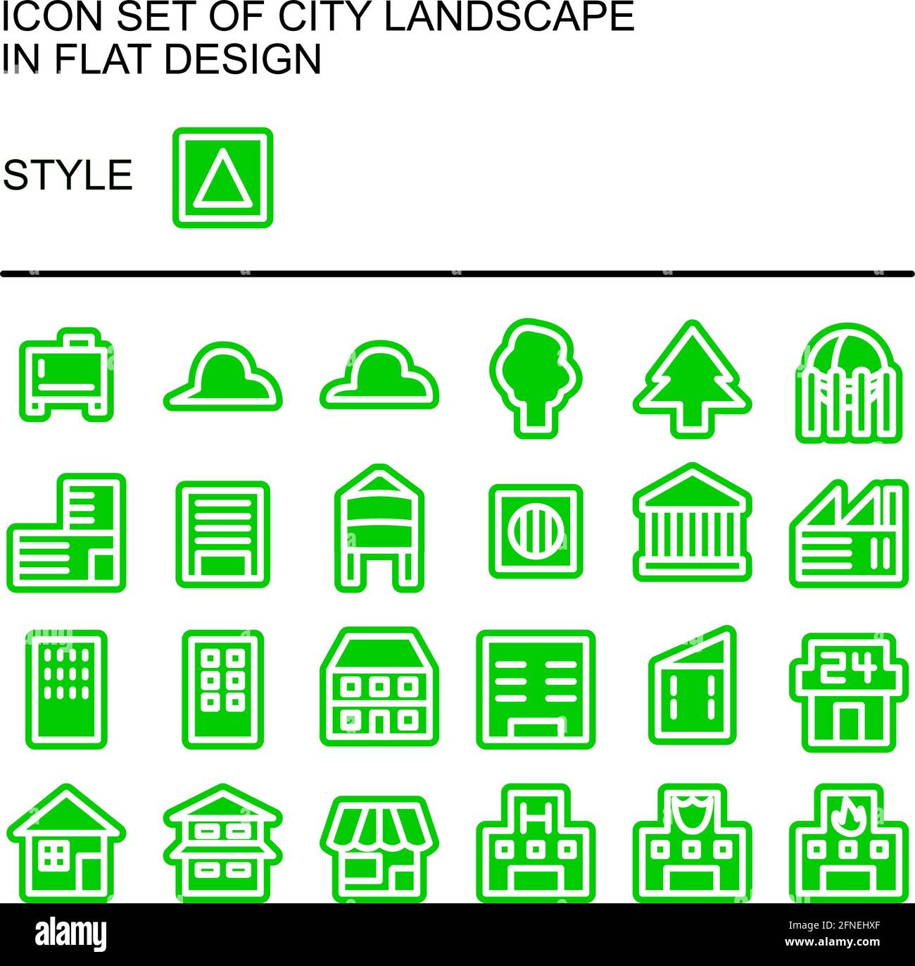 City landscape icon set in flat design with white lines, green fills ...