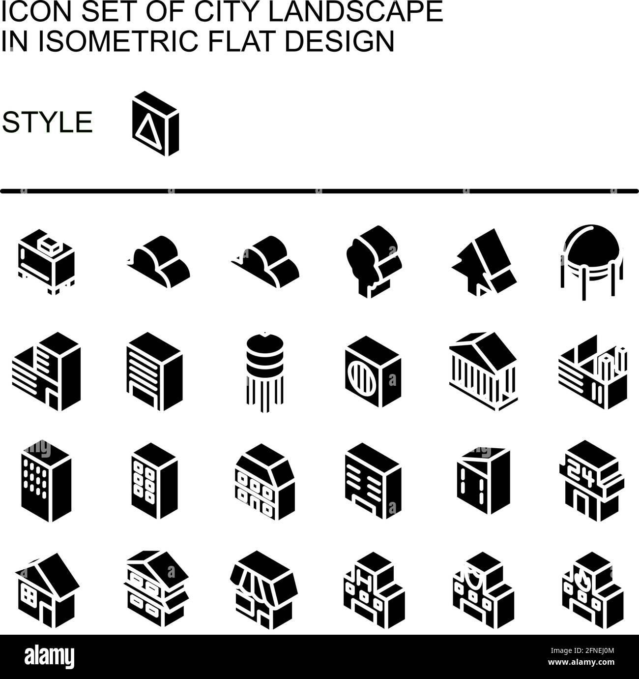 City landscape icon set in isometric flat design with white lines ...