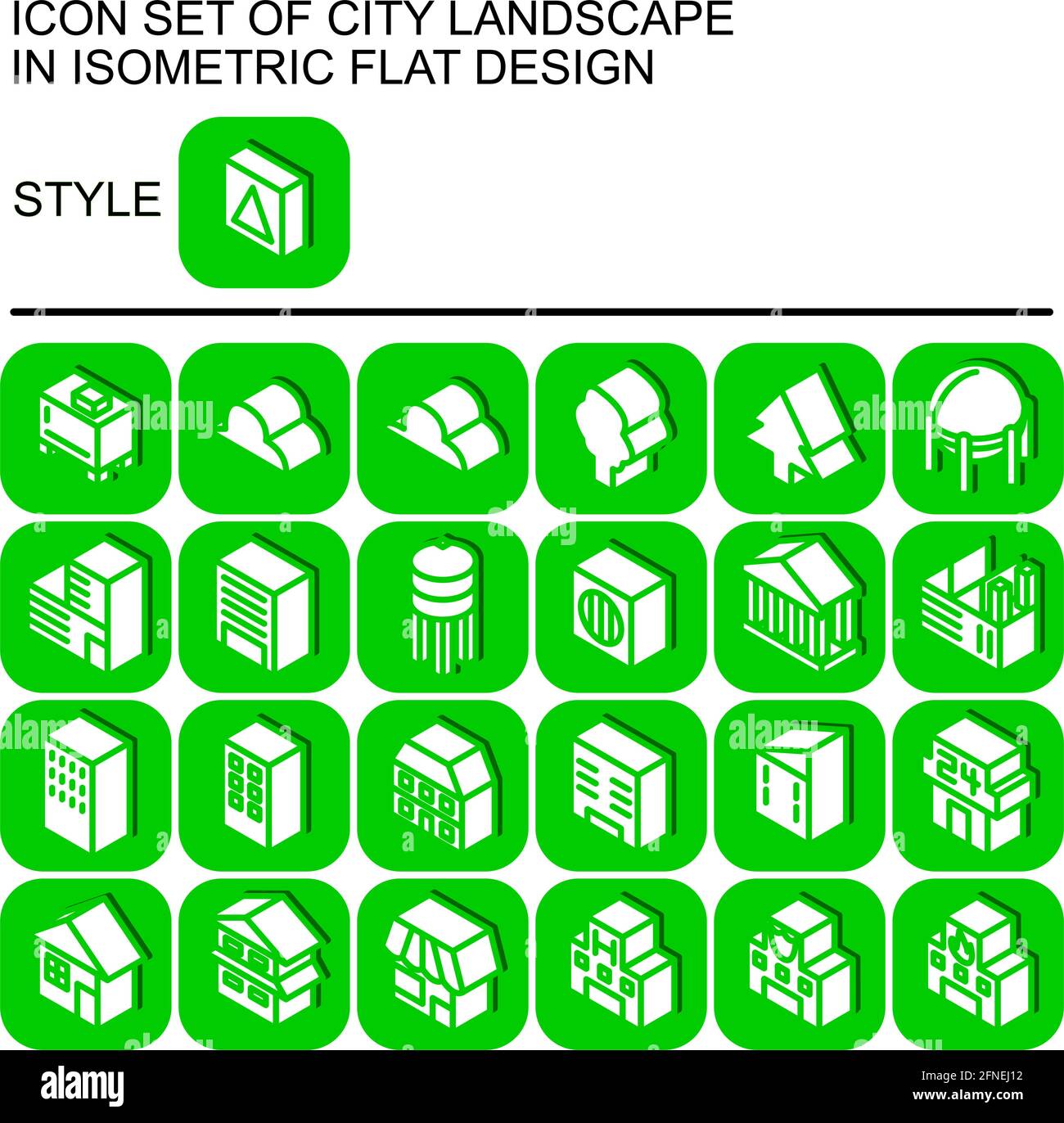 City landscape icon set in isometric flat design with green lines ...