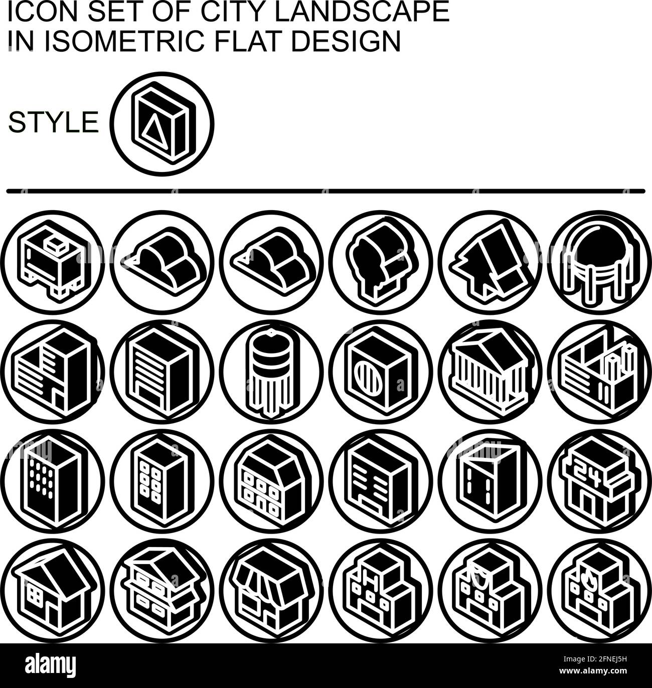 City landscape icon set in isometric flat design with white lines ...